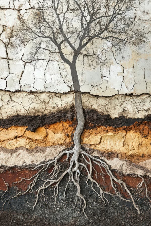 Dry Tree with Exposed Roots in Layered Soil Cross-section Stock Image ...