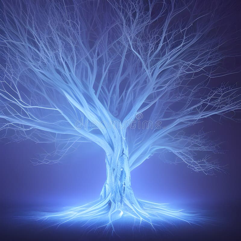 Dry Tree Glowing in a Blue Light in a Forest at Night. Artwork Created ...