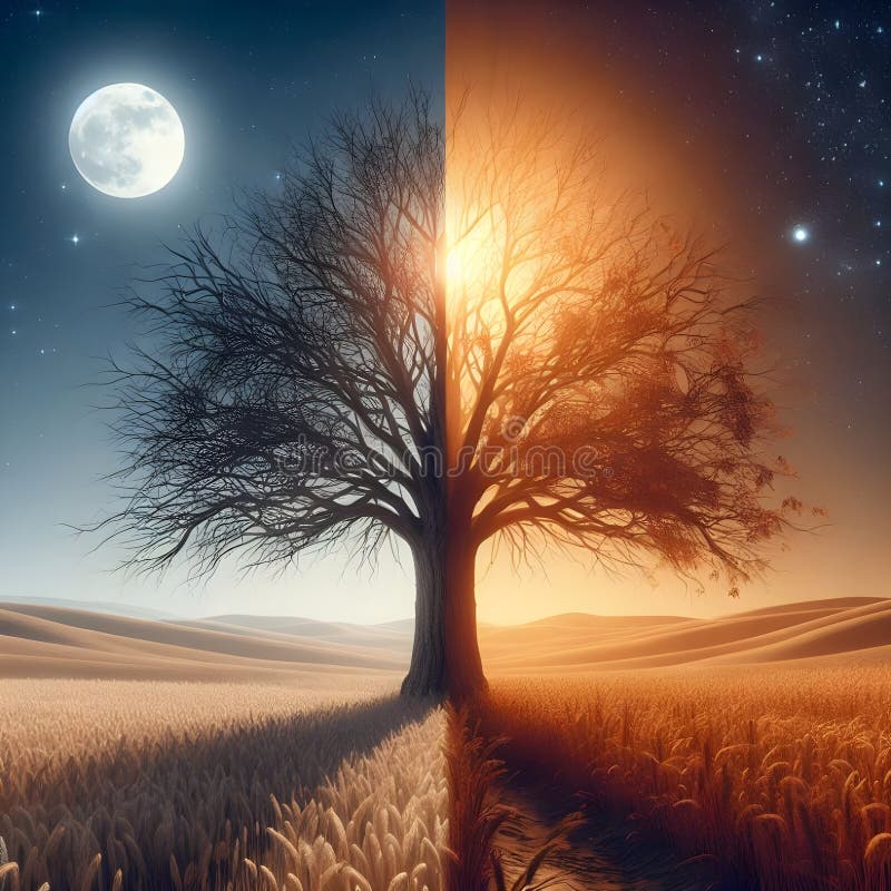 Dry Tree that Half Side in Day and Half Side in Night Half Side in Sun ...
