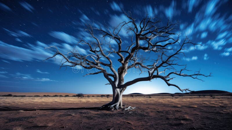 A Dry Tree in the Middle of the Desert Under the Stars Stock ...