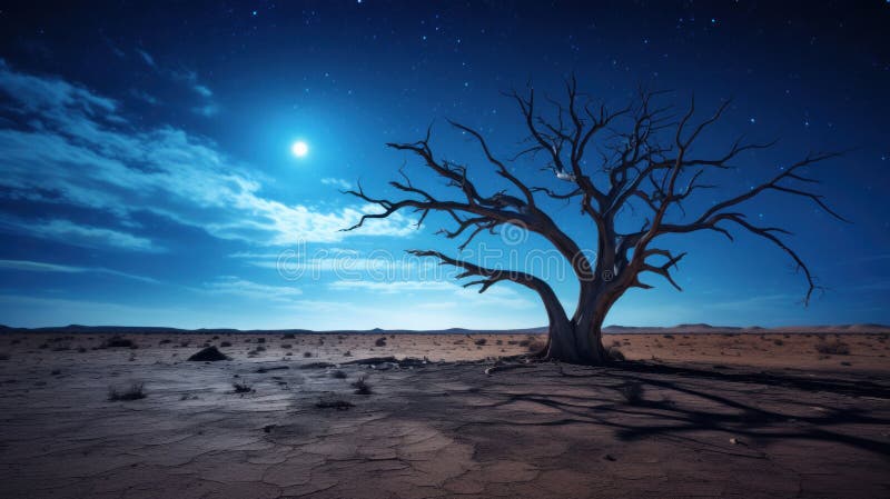 A Dry Tree in the Middle of the Desert Under the Stars Stock ...