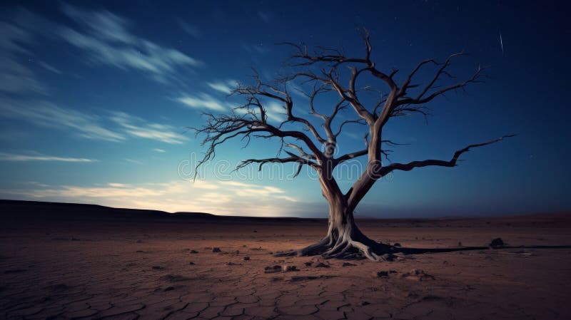 A Dry Tree in the Middle of the Desert Under the Stars Stock ...