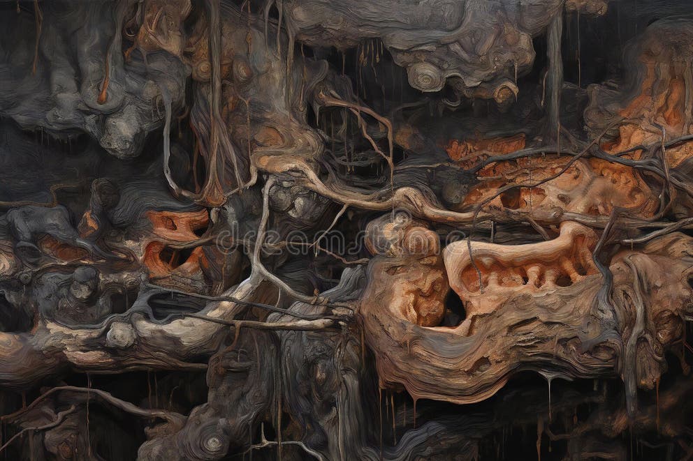 Dry Tree Roots and Human Skull in the Cave Stock Illustration ...