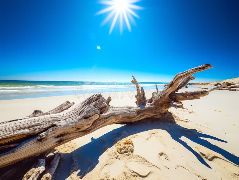 Dry Tree on a Sandy Beach with Blue Sky and Sun. Made with Generative ...
