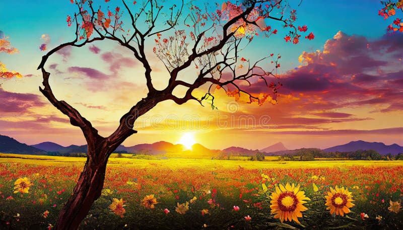 Dry tree at sunset stock illustration. Illustration of tree - 321226410