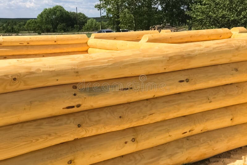 Drying and Assembly of Wooden Log House at a Construction Base Stock ...