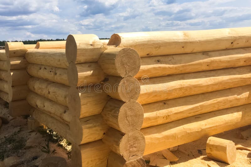 Drying and Assembly of Wooden Log House at a Construction Base Stock ...
