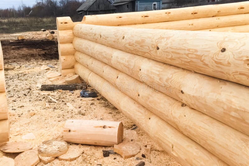 Drying and Assembly of Wooden Log House at a Construction Base Stock ...