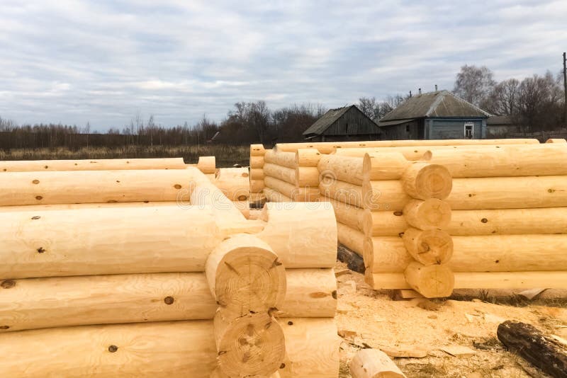 Drying and Assembly of Wooden Log House at a Construction Base Stock ...