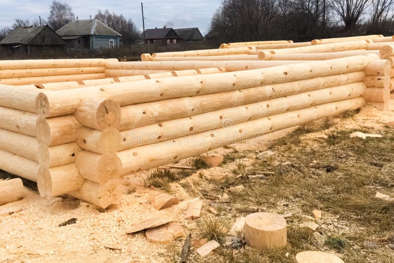 Drying and Assembly of Wooden Log House at a Construction Base Stock ...