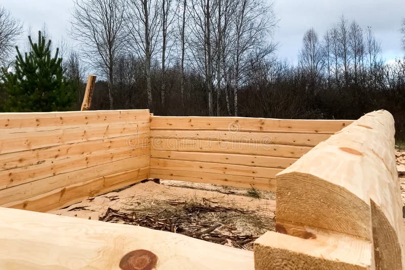 Drying and Assembly of Wooden Log House at a Construction Base Stock ...