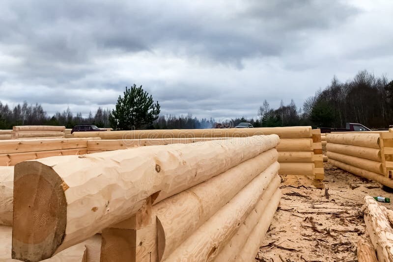 Drying and Assembly of Wooden Log House at a Construction Base Stock ...