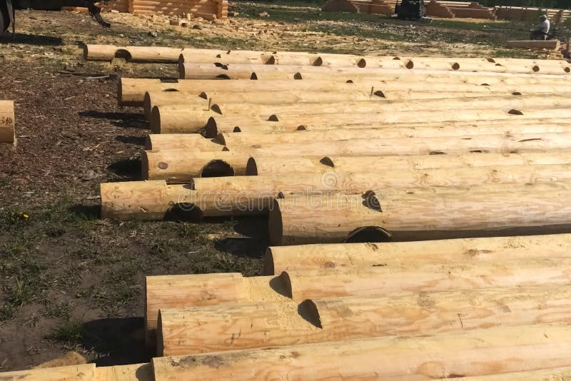 Drying and Assembly of Wooden Log House at a Construction Base Stock ...