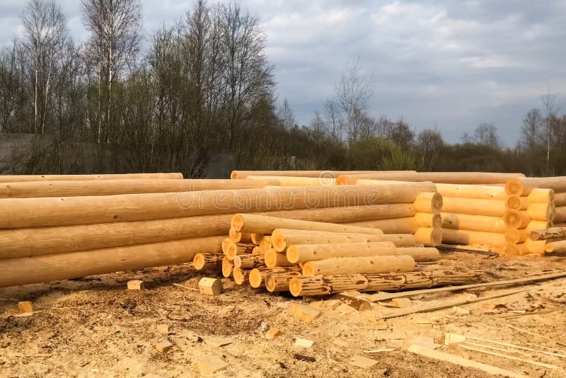 Drying and Assembly of Wooden Log House at a Construction Base Stock ...