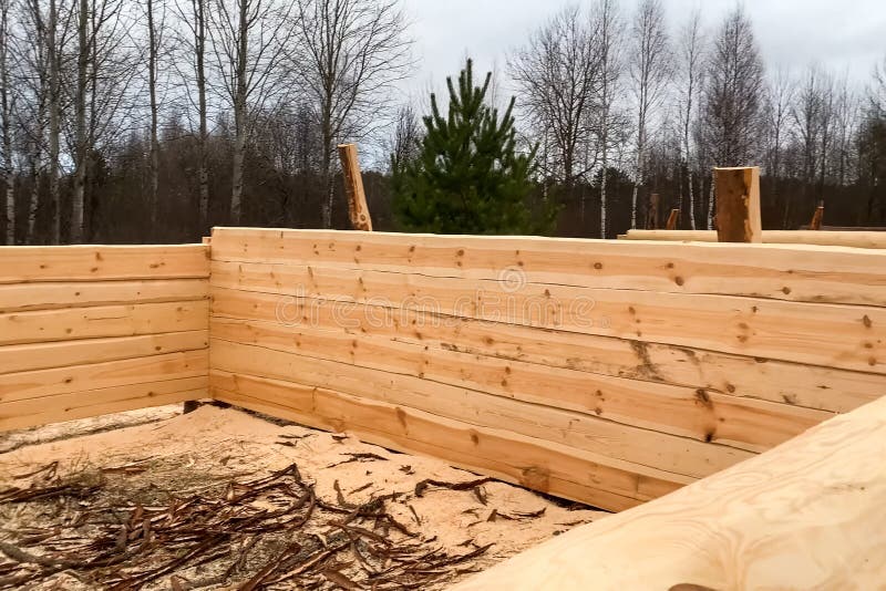 Drying and Assembly of Wooden Log House at a Construction Base Stock ...