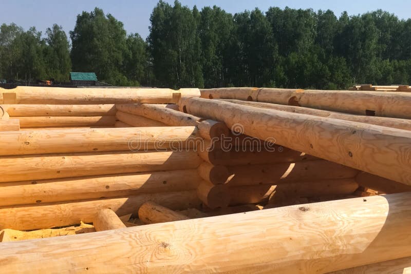 Drying and Assembly of Wooden Log House at a Construction Base Stock ...
