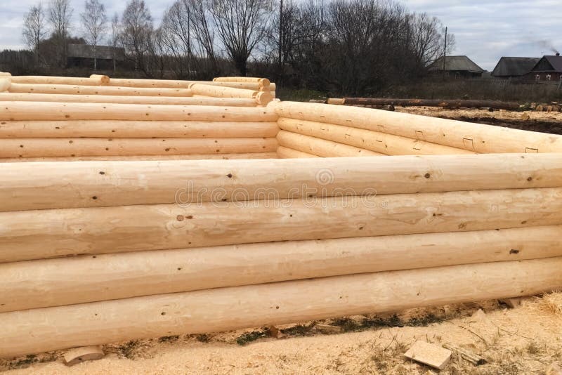 Drying and Assembly of Wooden Log House at a Construction Base Stock ...