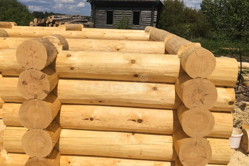 Drying and Assembly of Wooden Log House at a Construction Base Stock ...