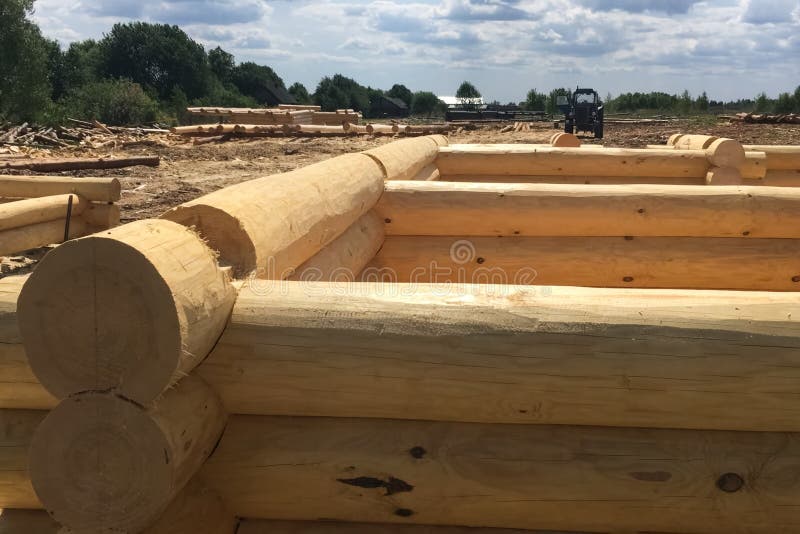 Drying and Assembly of Wooden Log House at a Construction Base Stock ...