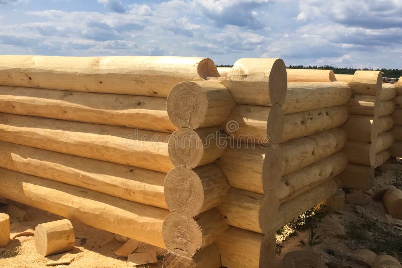Drying and Assembly of Wooden Log House at a Construction Base Stock ...