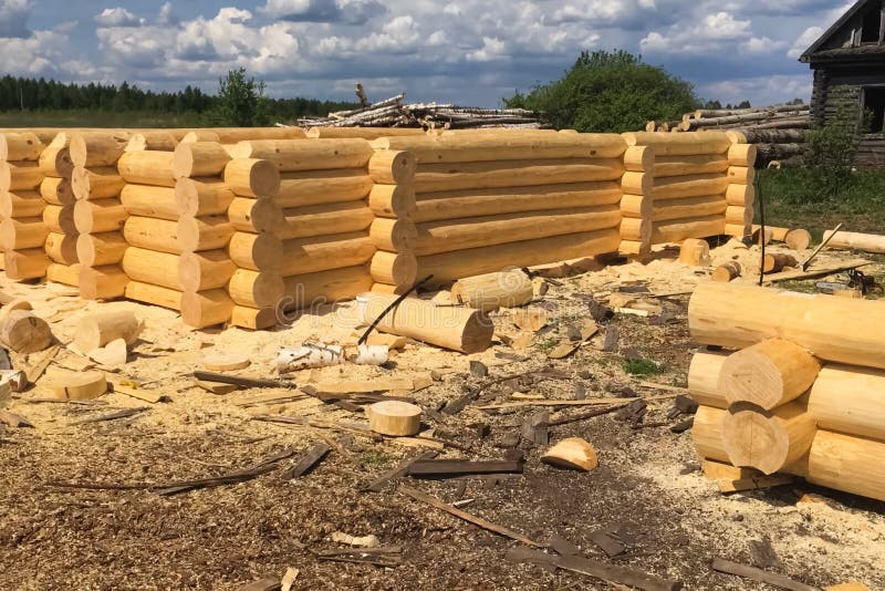 Drying and Assembly of Wooden Log House at a Construction Base Stock ...