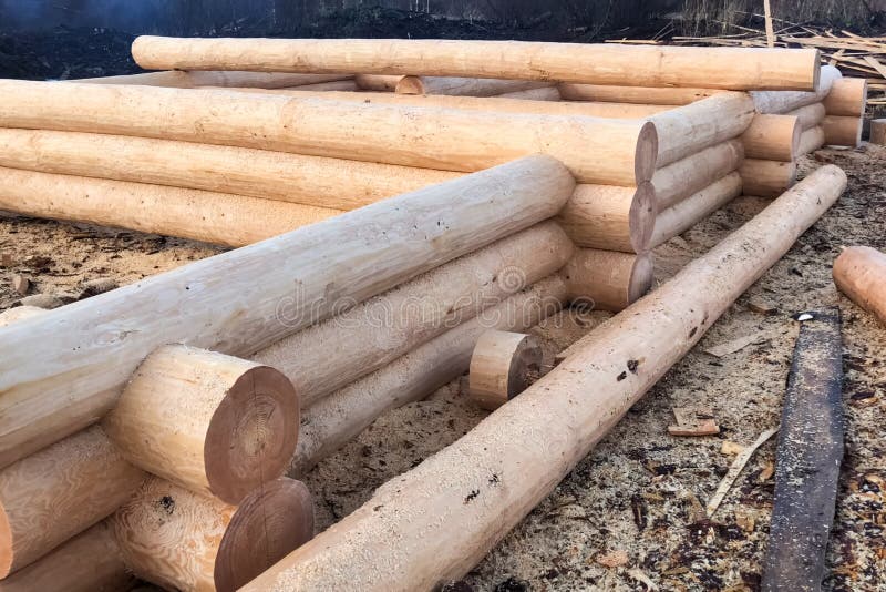 Drying and Assembly of Wooden Log House at a Construction Base Stock ...