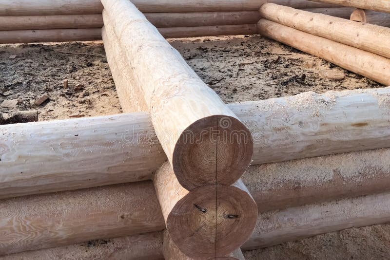 Drying and Assembly of Wooden Log House at a Construction Base Stock ...