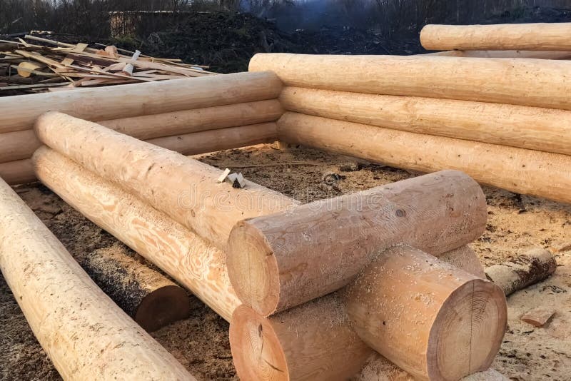Drying and Assembly of Wooden Log House at a Construction Base Stock ...