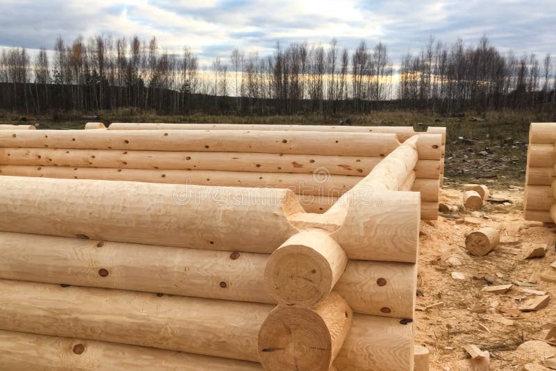 Drying and Assembly of Wooden Log House at a Construction Base Stock ...