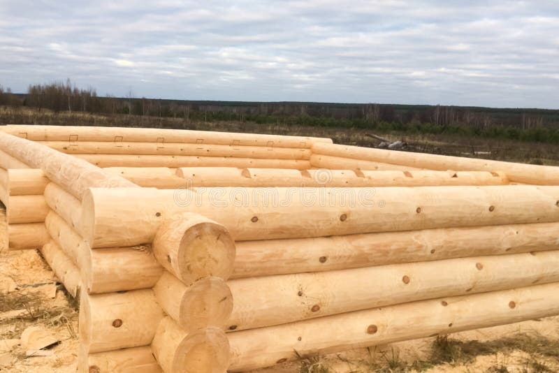 Drying and Assembly of Wooden Log House at a Construction Base Stock ...