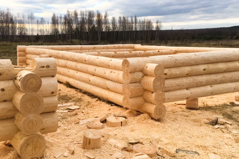 Drying and Assembly of Wooden Log House at a Construction Base Stock ...