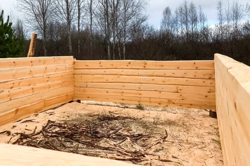 Drying and Assembly of Wooden Log House at a Construction Base Stock ...