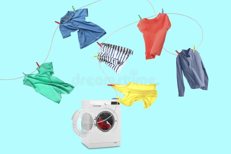 Drying Laundry. Rope with Different Clothes Flying Out from Washing ...