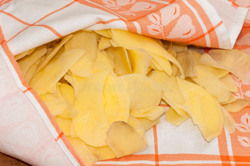 Drying Sliced Potato Chips on the Kitchen Towel Stock Photo - Image of ...