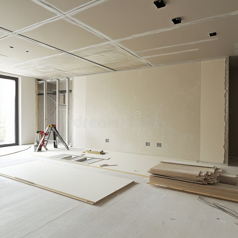Drywall Installation Process in an Unfinished Room with Scaffolding and ...