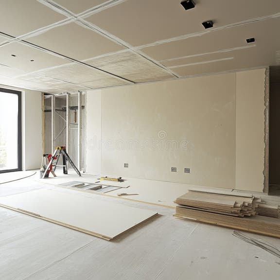Drywall Installation Process in an Unfinished Room with Scaffolding and ...