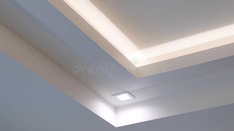 Drywall Multi-level White Ceiling with Built-in Led Light and Halogen ...