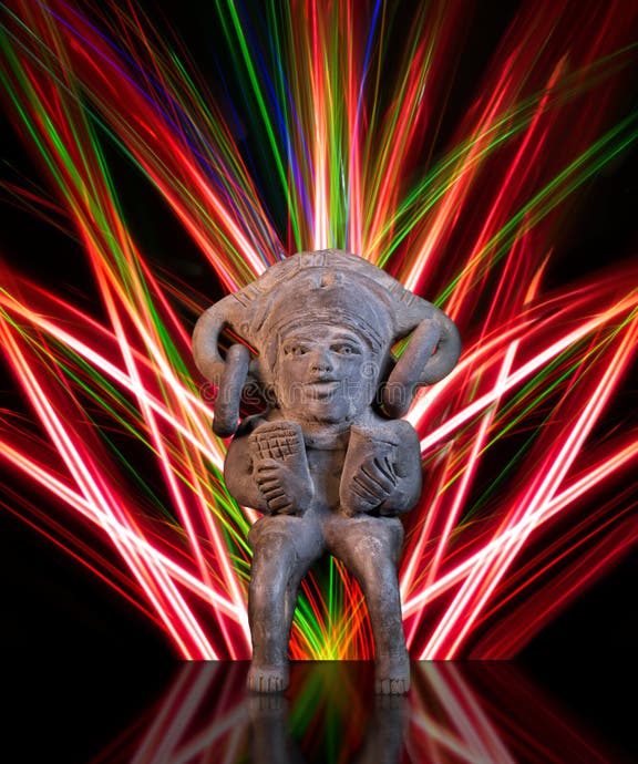 South-American Deity in Clay. Colorful Neon Lights in the Background ...