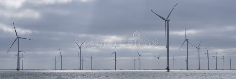 Panorama of an Offshore Wind Farm in the Early Morning Light. Stock ...