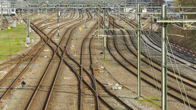 Brown Rusted Railroad Tracks and Overhead Lines Stock Image - Image of ...