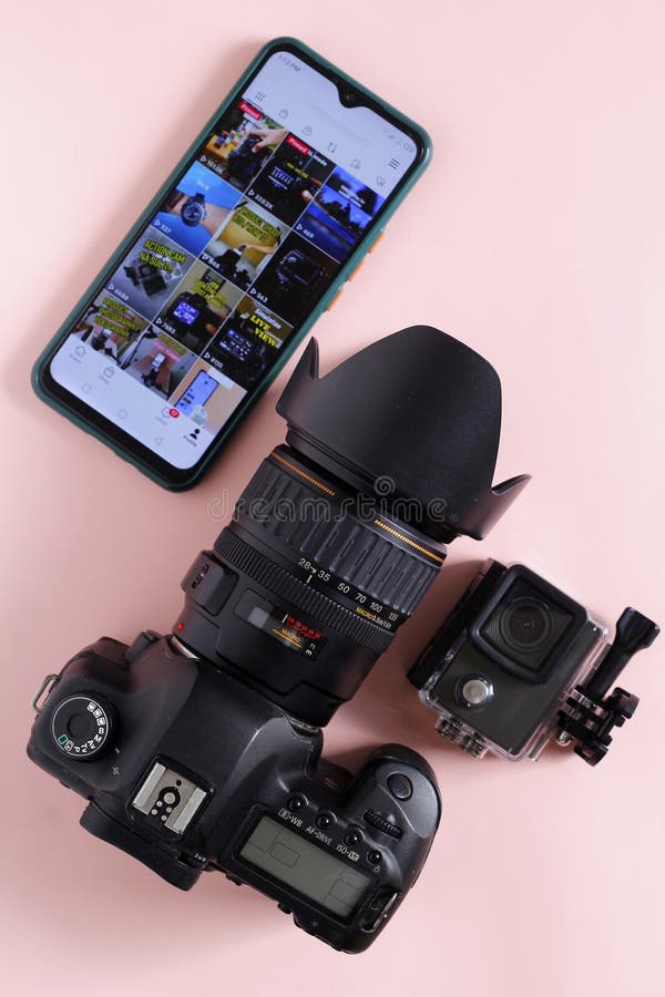 DSLR Camera, Action Camera and Smartphone Stock Image - Image of online ...