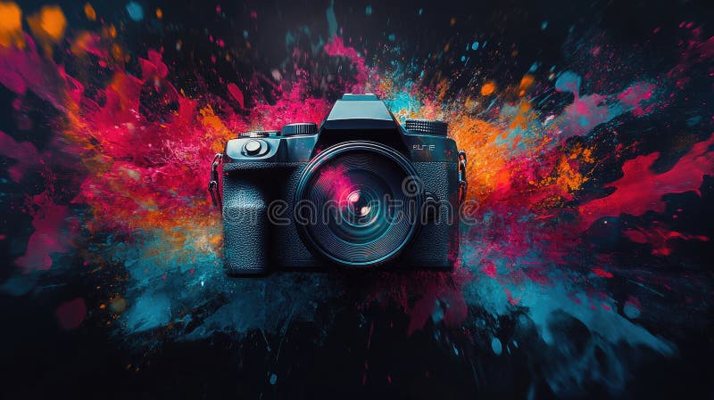 A DSLR Camera in the Center of a Colorful Explosion of Paint Stock ...