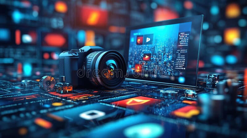 Digital Photography: Camera and Tablet on Tech Background Stock ...