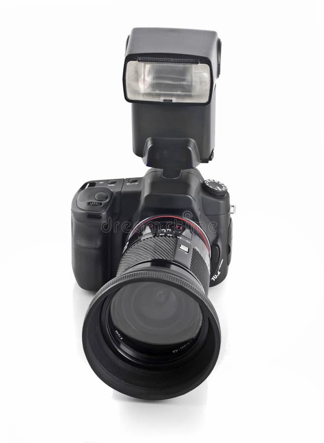 DSLR Camera with Telephoto Lens and Flash Stock Photo - Image of close ...