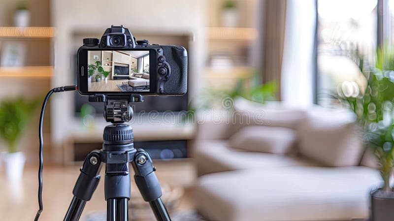 DSLR Camera on Tripod Capturing Living Room Interior on Its Screen ...