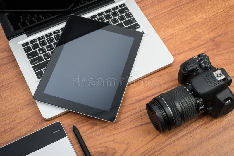 DSLR Digital Camera with Tablet and Notebook Laptop Stock Image - Image ...