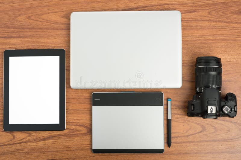 DSLR Digital Camera with Tablet and Notebook Laptop Stock Photo - Image ...