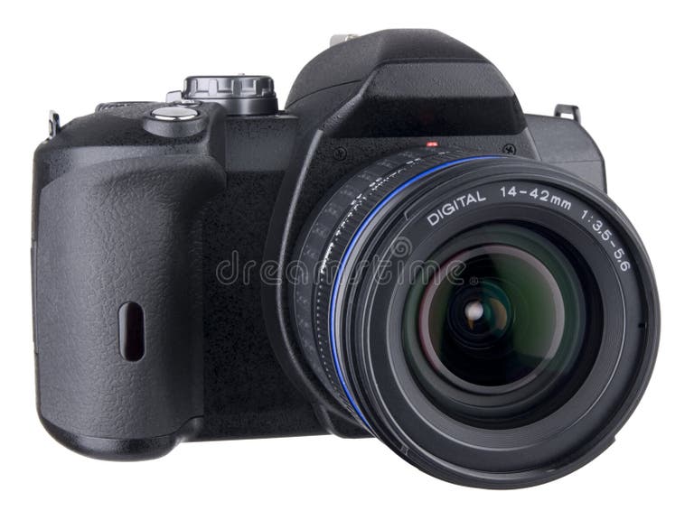 DSLR Front Angled View with Lens on White Stock Photo - Image of zoom ...