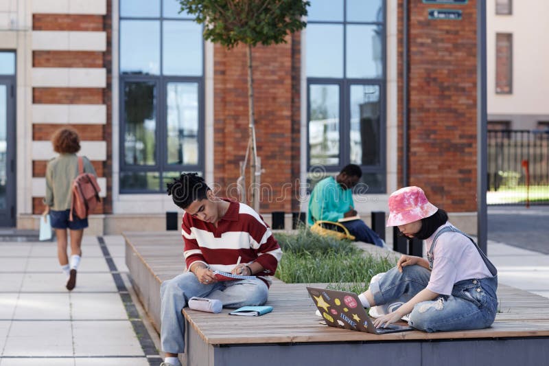 DStudents Doing Homework Outdoors in Park on College Campus Stock Image ...