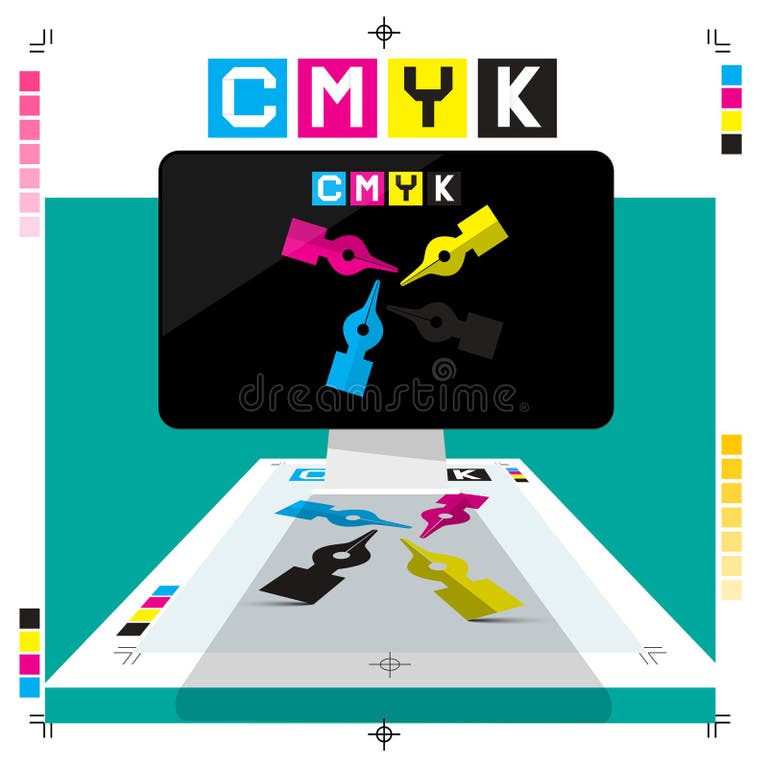 DTP - Desktop Publishing Concept with Computer, Printerd Paper and CMYK ...